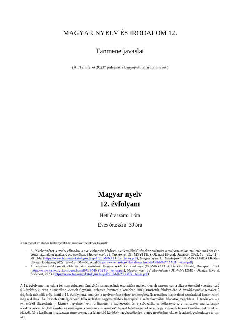 Magyar Nyelv Es Irodalom 12 Tanmenet. | PDF