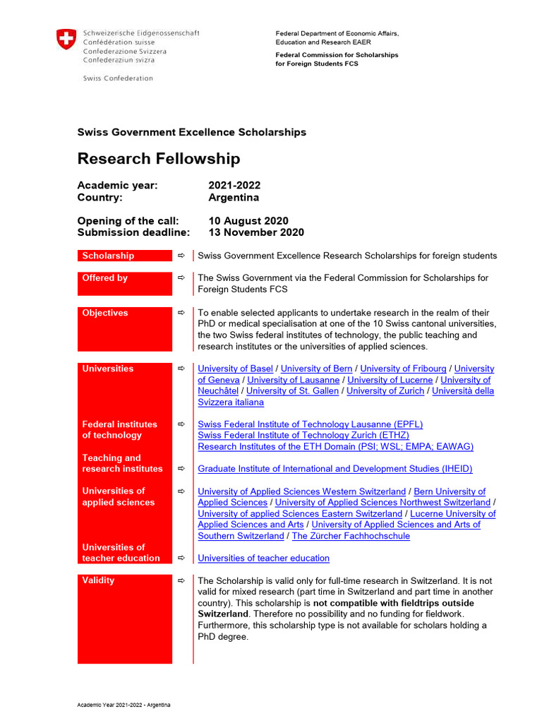 Swiss Government Research Scholarships 2021-2022 | PDF | Switzerland ...