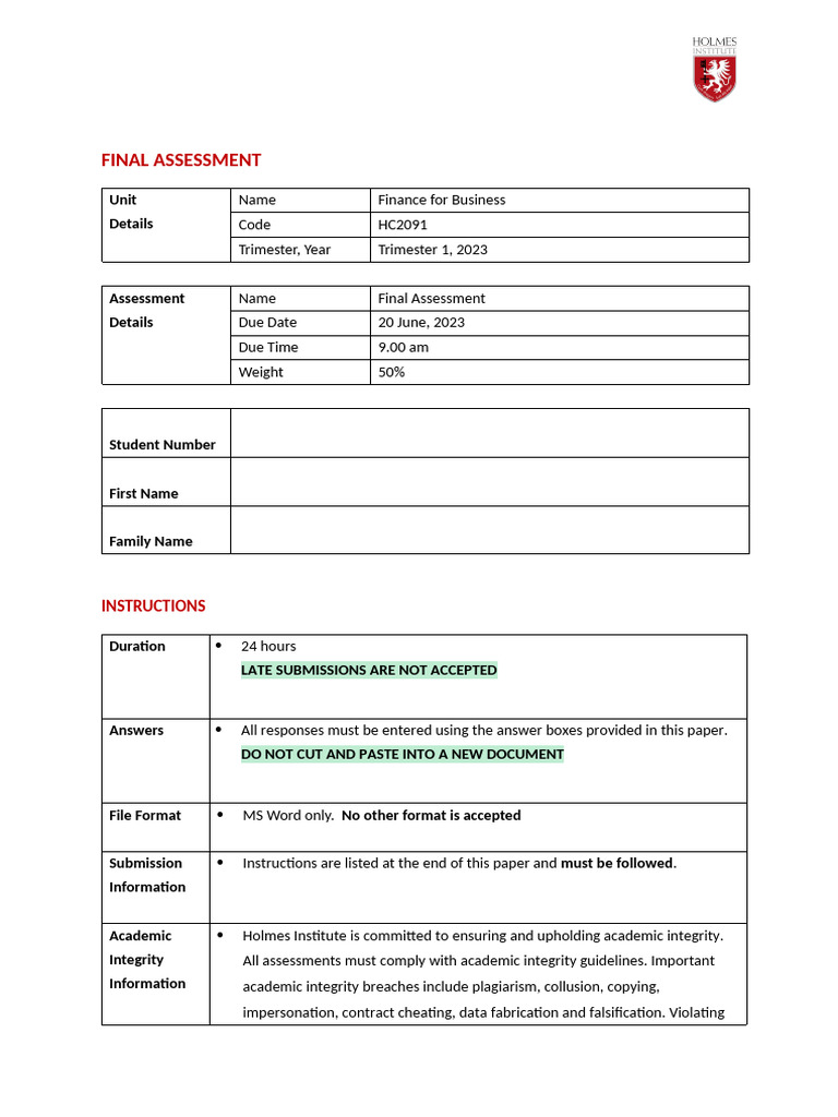 HC2091 Final Assessment T1 2023 | PDF | Time Value Of Money | Net ...