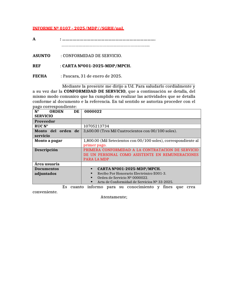 Modelo de Informe de Conformidad Pago Parcial y Pago Unico | PDF