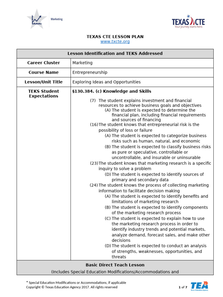 Lesson Plan Exploring Ideas and Opportunities | PDF | Entrepreneurship ...