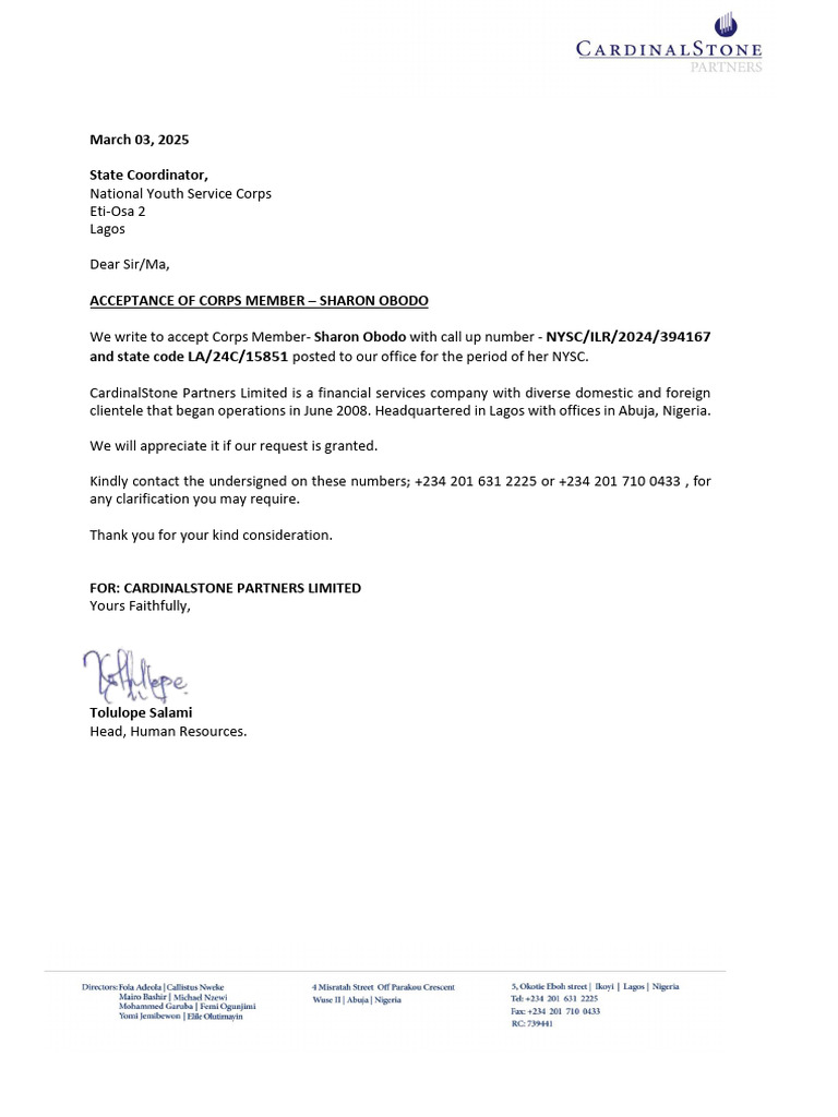 Acceptance Letter - Sharon Obodo - Signed | PDF