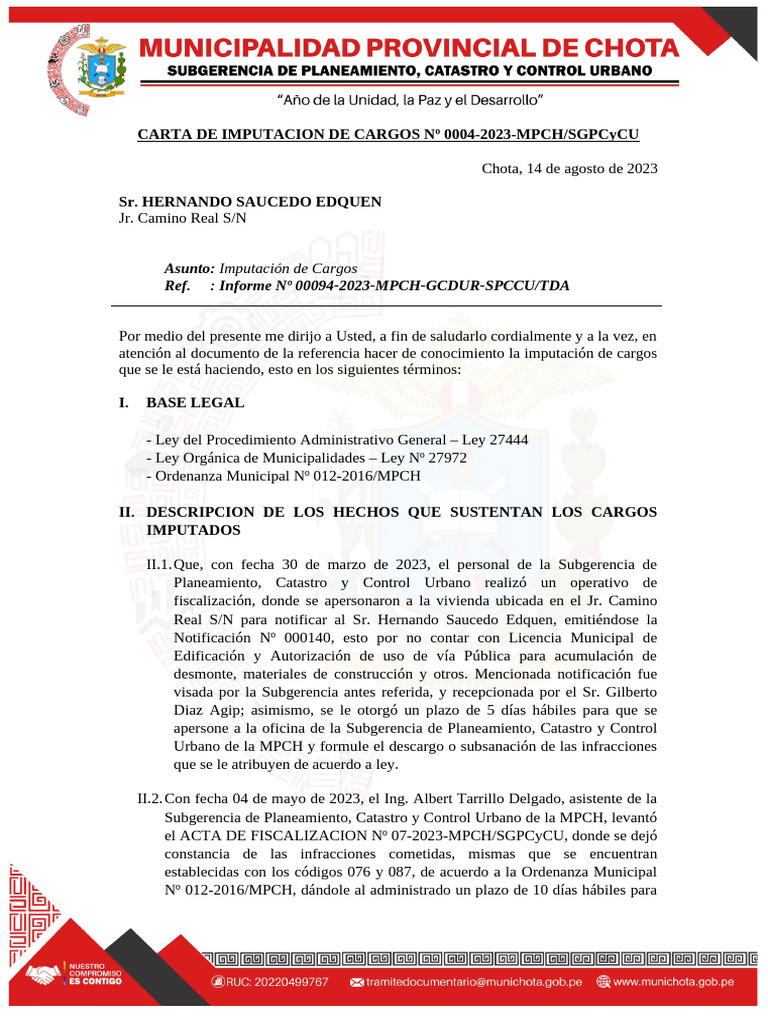 Carta de Imputacion de Cargos - Hernando Saucedo Edquen | PDF | Multa (pena)