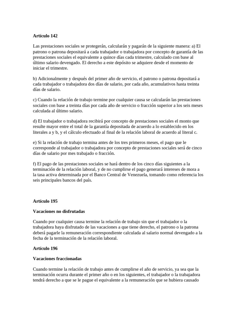 Prestaciones Sociales según Art. 142 LOTT | PDF | Salario | Interés
