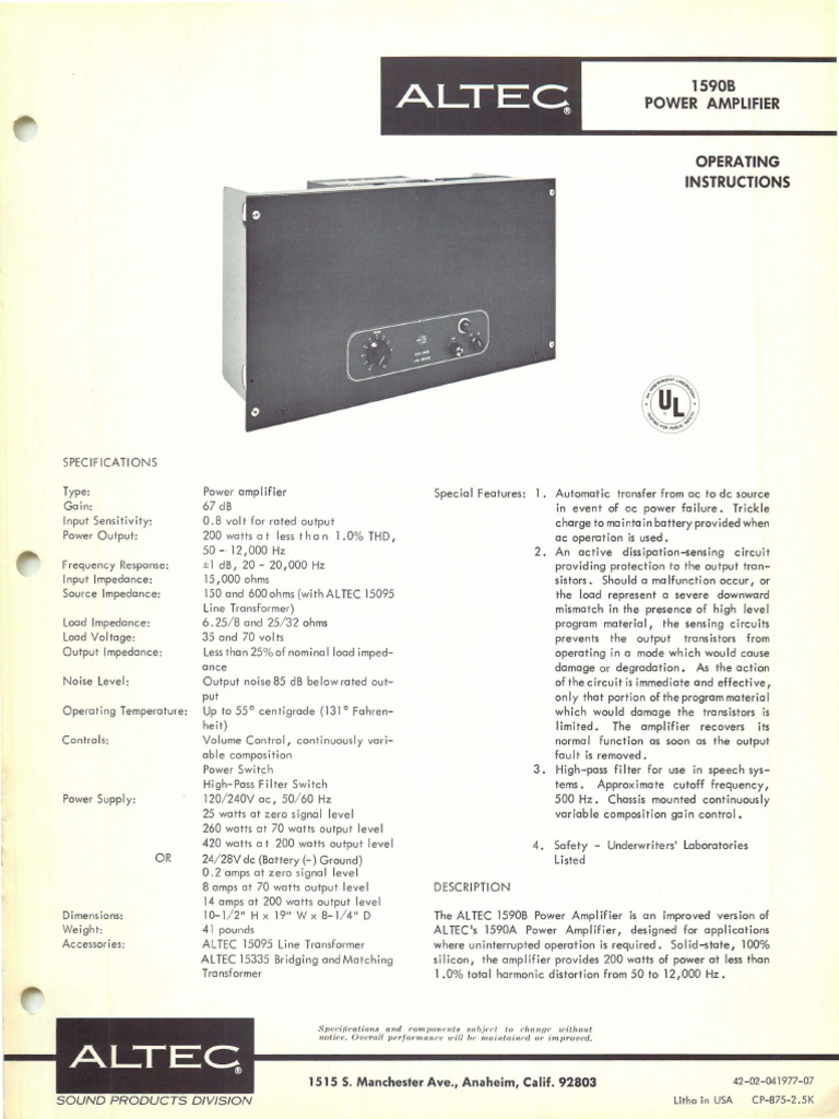Altec 1590B Power Amplifier | PDF | Amplifier | Electrical Engineering