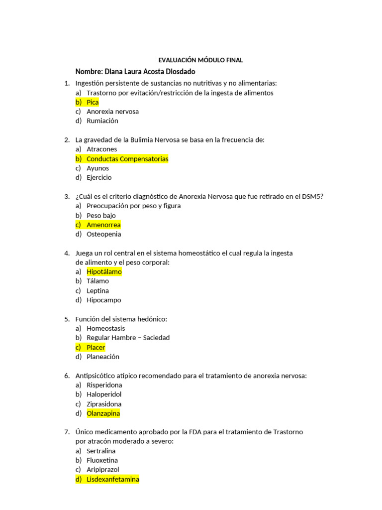Examen Diplomado en Tca 2025 | PDF | Trastorno por atracón | Desorden alimenticio