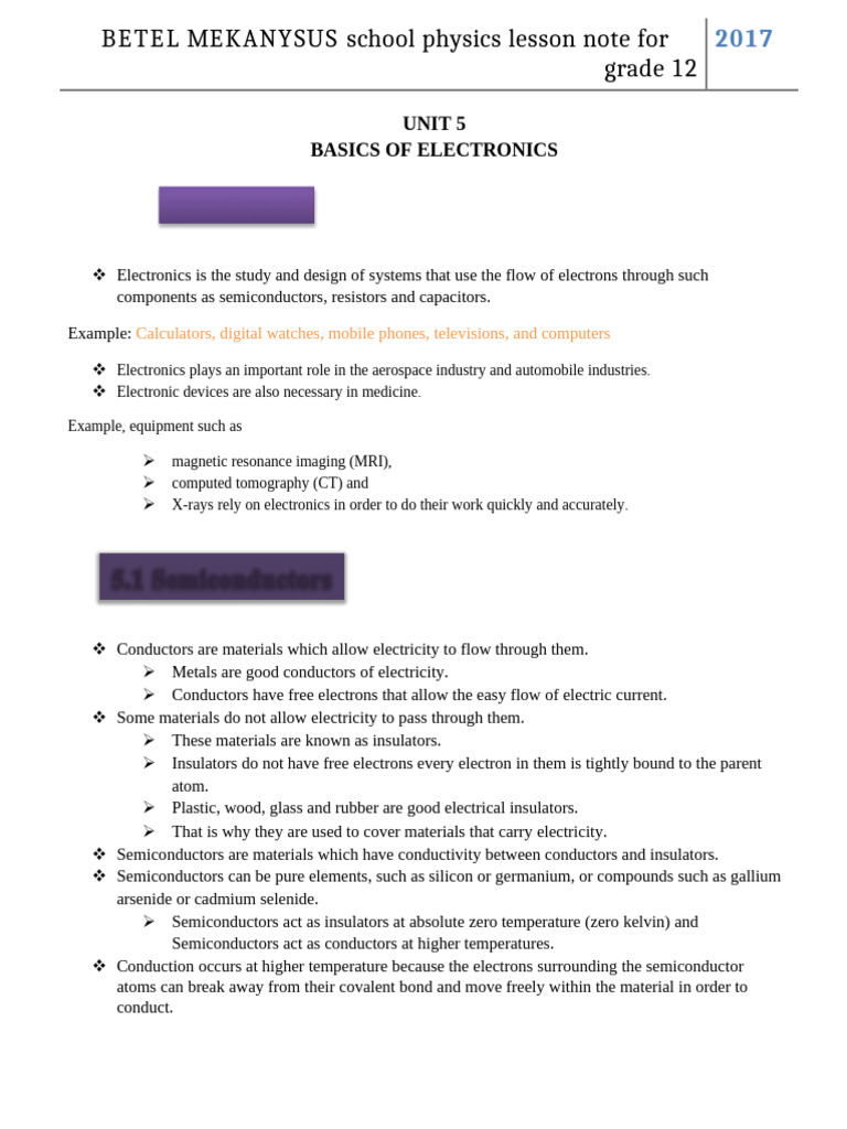 Unit 5 Physics Grade 12 New Curriculum Unit 5 Lesson Note | PDF | P–N Junction | Bipolar ...