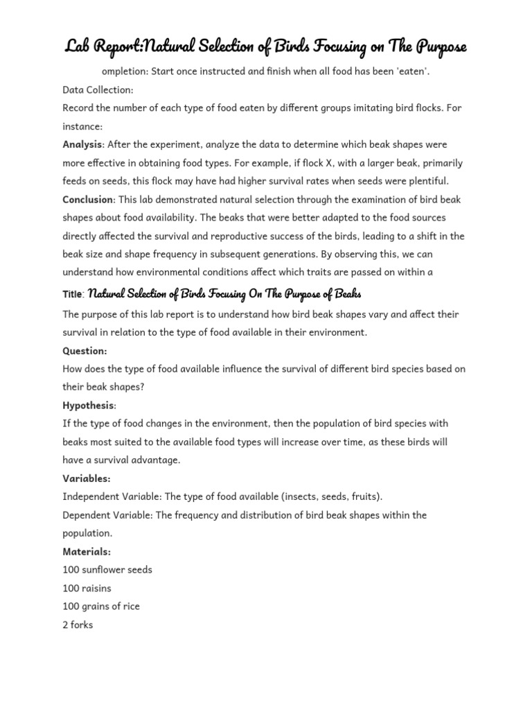 Lab Report On Natural Selection in Birds Focusing On Beaks | PDF ...