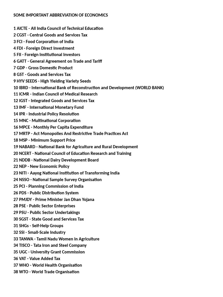 Some Important Abbreviation of Economics | PDF