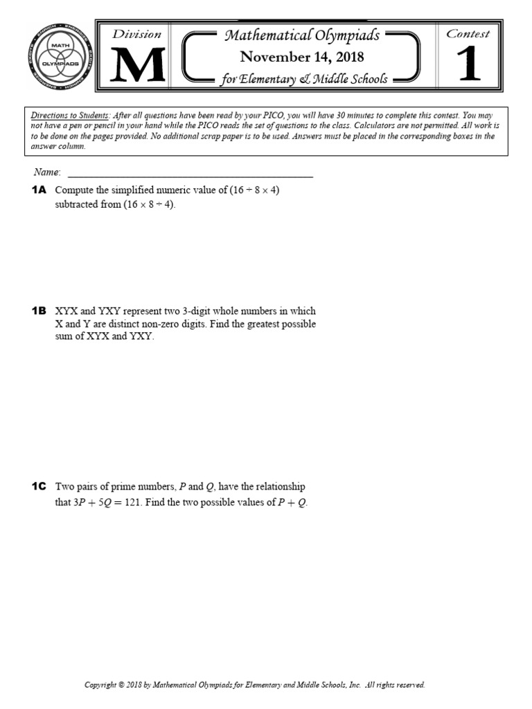 MOEMS Division M Problems 2018 With Solutions and Answers | PDF | Integer | Numbers