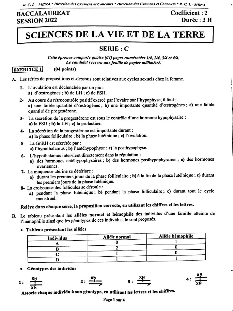 Sujet, Corrigé Et Barème SVT Du BAC C 2022 | PDF