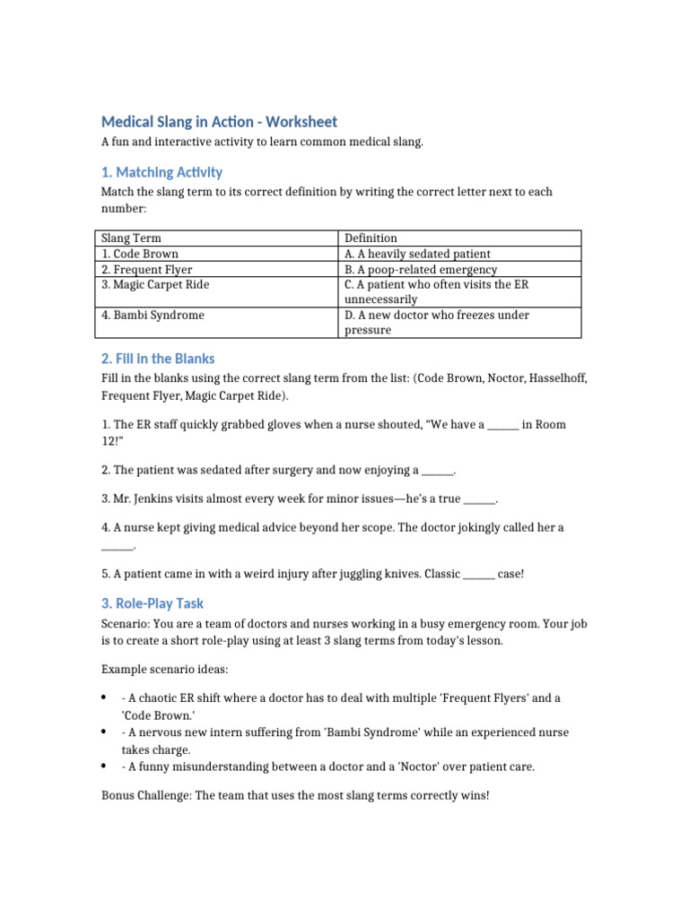 Medical Slang Activity Worksheet | PDF