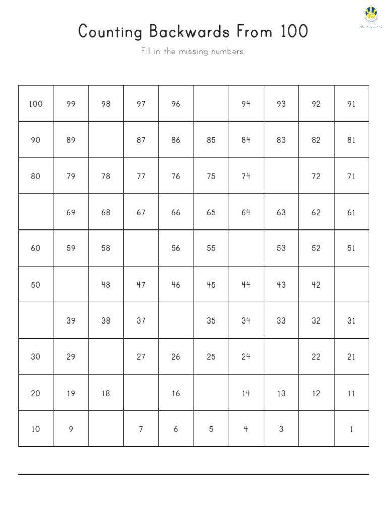 Backward Counting Worksheets 100 to 1 | PDF
