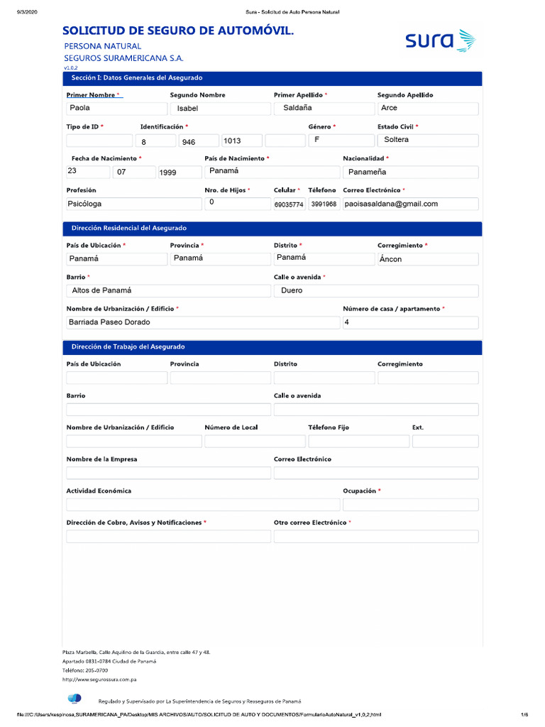 Sura - Solicitud de Auto Persona Natural PDF | PDF