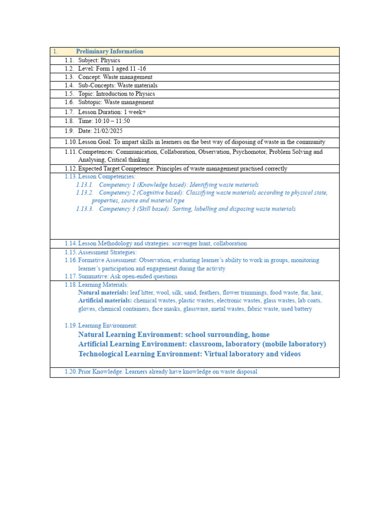 CBC Physics Lesson Plan Sample - 043526 | PDF | Learning | Waste