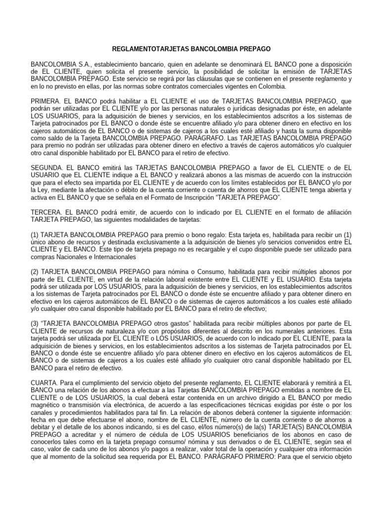 REGLAMENTOTARJETAS BANCOLOMBIA PREPAGO Empresas 20170814 | PDF ...