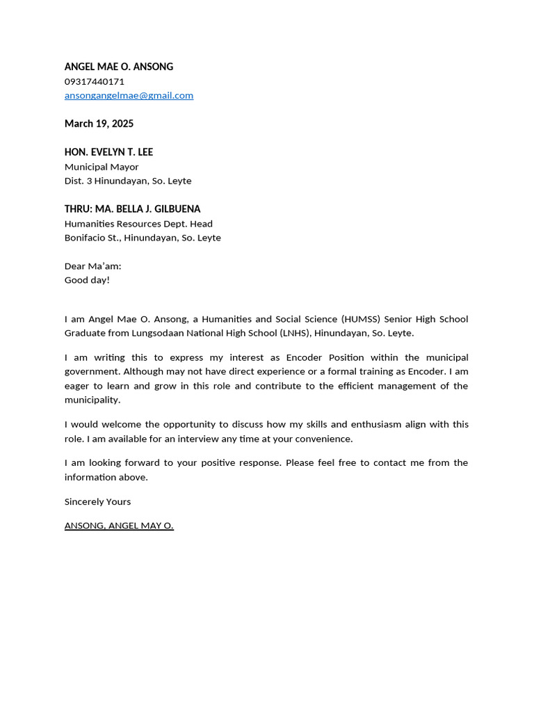 ANGEL MAE O APPLI LETTER | PDF