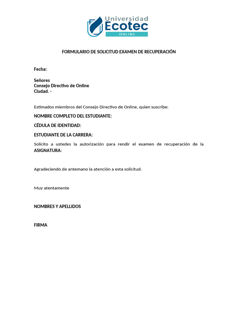 Solicitud para Examen de Recuperación | PDF