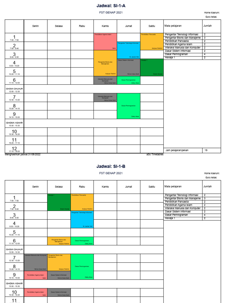 Jadwal Tiap Kelas-1 | PDF