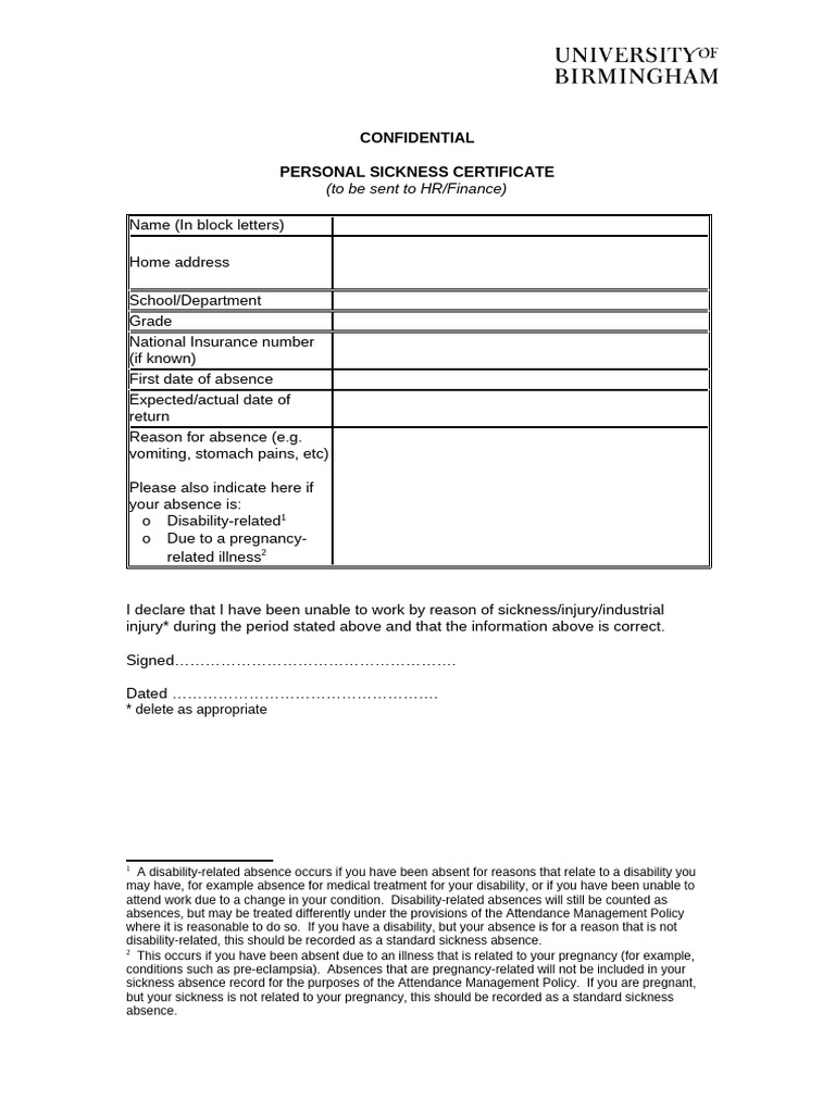 Personal Sickness Certificate | PDF
