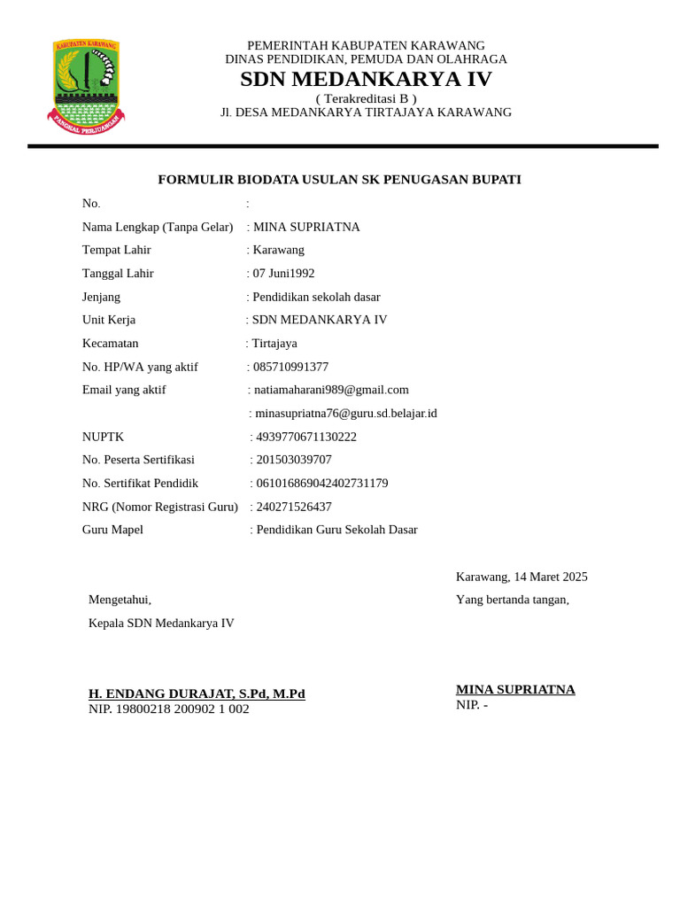 Formulir Biodata Usulan SK Penugasan Bupati | PDF