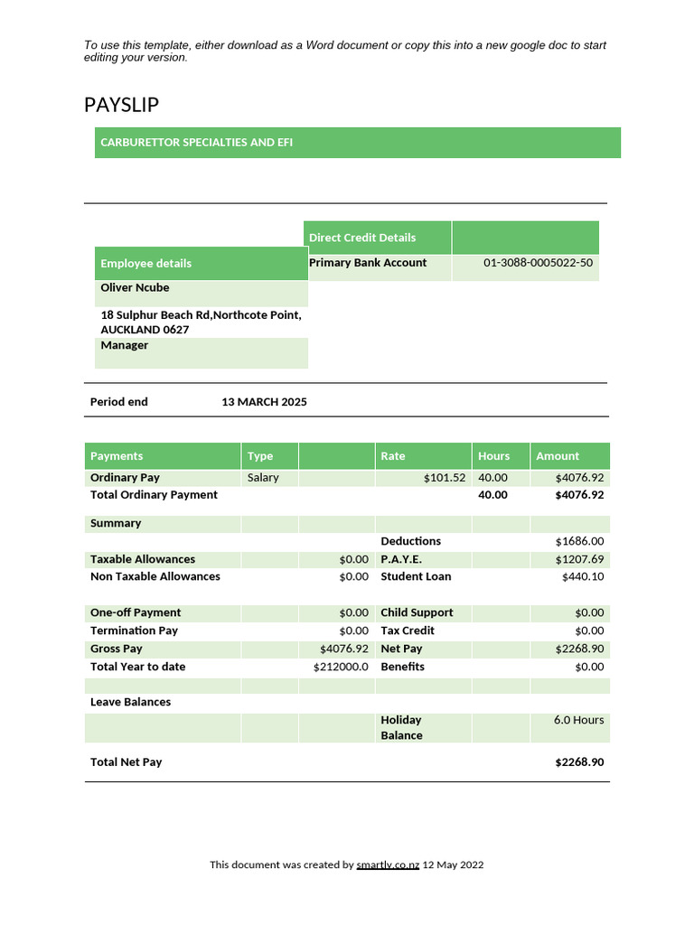 Smartly Payslip Example - Editable | PDF