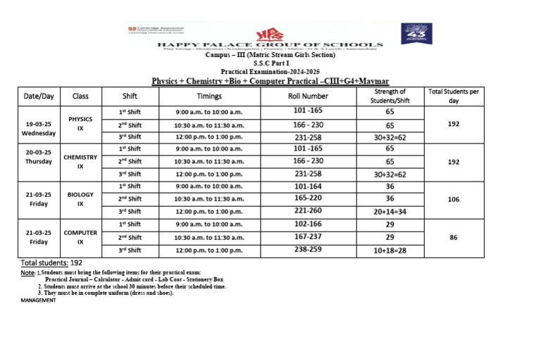 Matric Girls Practical Exam Schedule 2025 | PDF