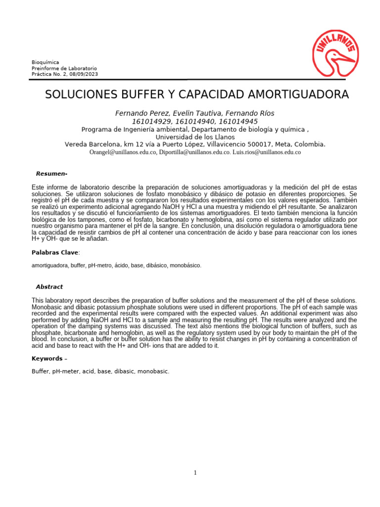 Informe Practica 3 Soluciones Buffer | PDF | Solución tampón | Constante de disociación ácida