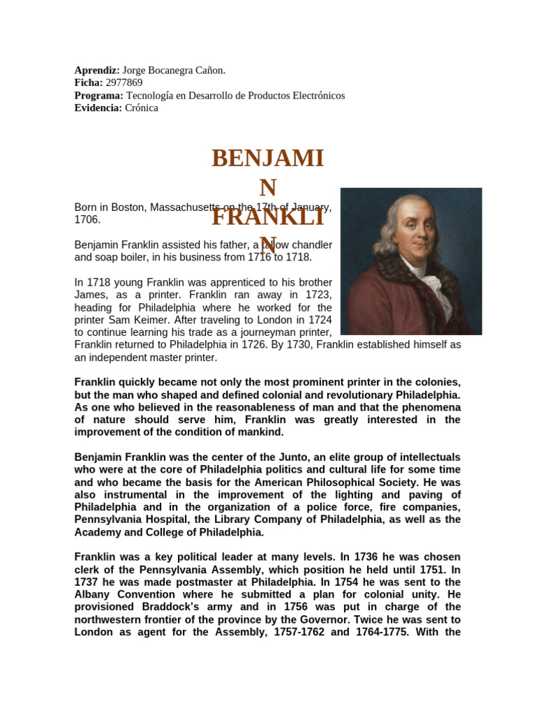 CRONICA Benjamin Franklin | PDF | Benjamin Franklin | Pennsylvania