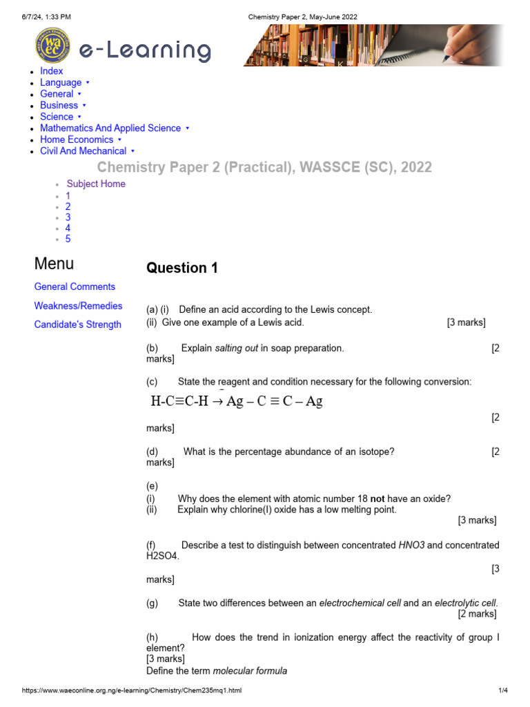 Wassce Waec 2022 Chemistry Paper 2 Past Questions and Answer PDF | PDF | Mole (Unit ...
