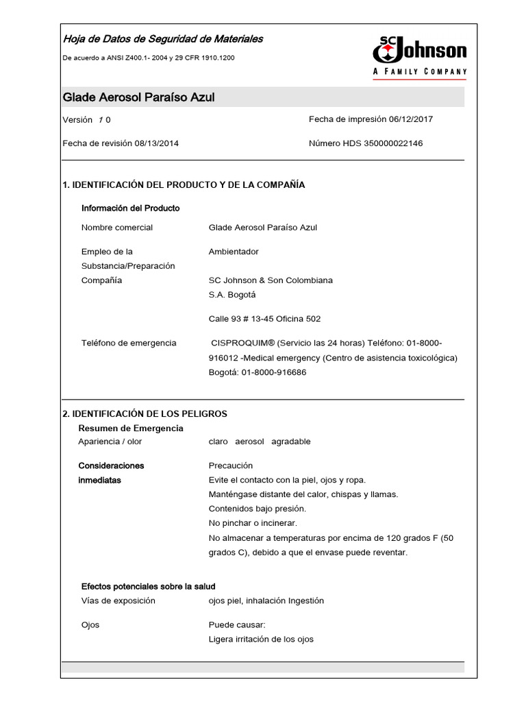 Ficha Tecnica Ambientador Glade 400ML | PDF | Residuos | Agua