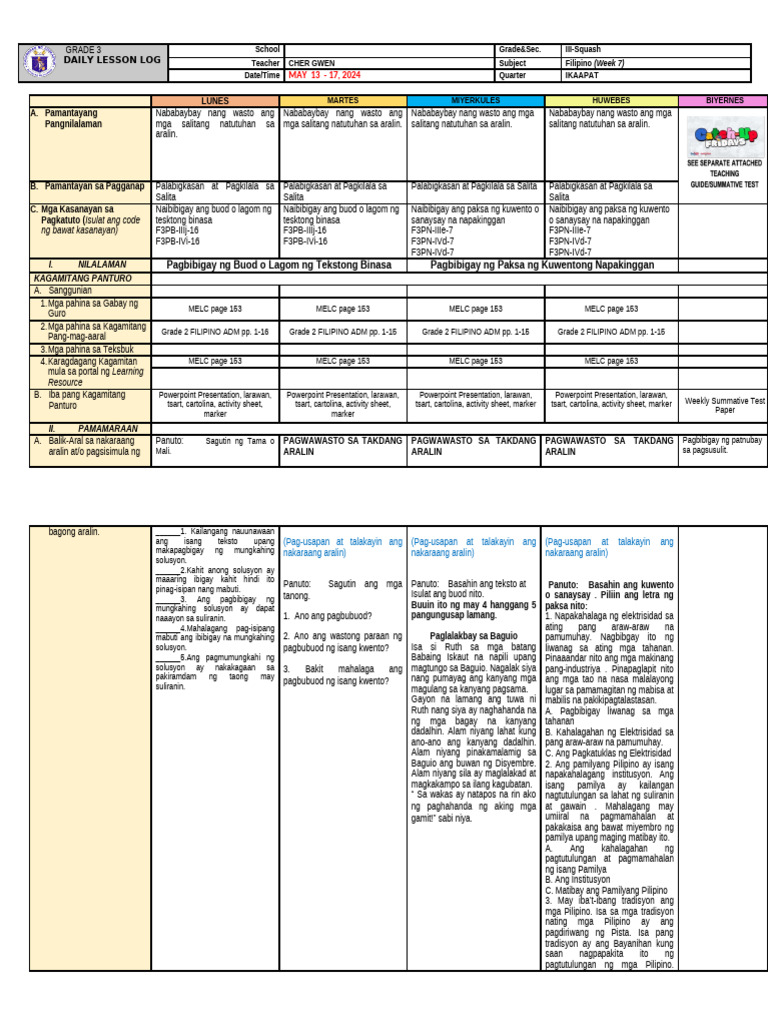 Q4 DLL Filipino3 Week-7-8 | PDF