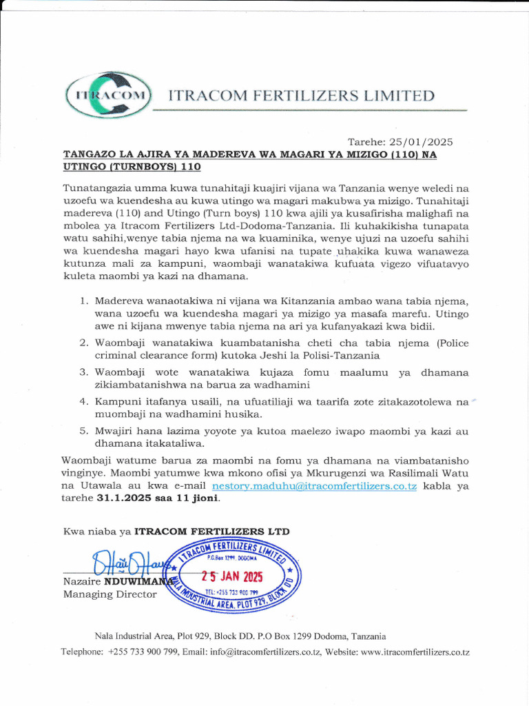 Tangazo La Nafasi Za Kazi Za Madereva Wa Magari Ya Mizigo 110 Na Utingo 110 | PDF