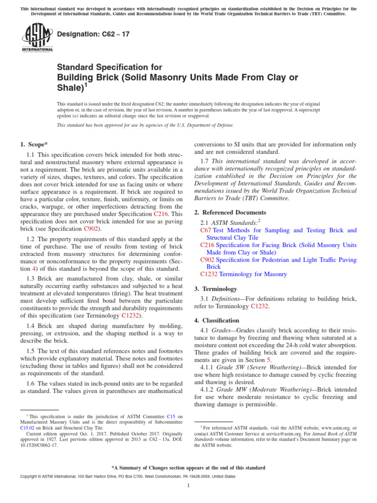 ASTM C62 (2017) Building Brick (Solid Masonry | PDF | Brick | Precipitation