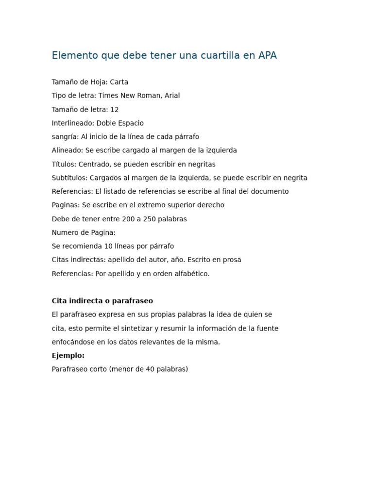 Elemento Que Debe Tener Una Cuartilla en APA | PDF