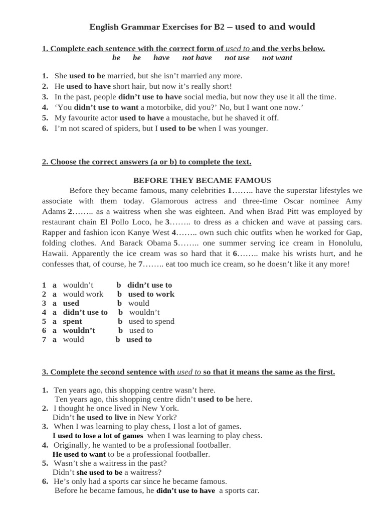English Grammar Exercises For B2 - Used To and Would | PDF | Emotions ...