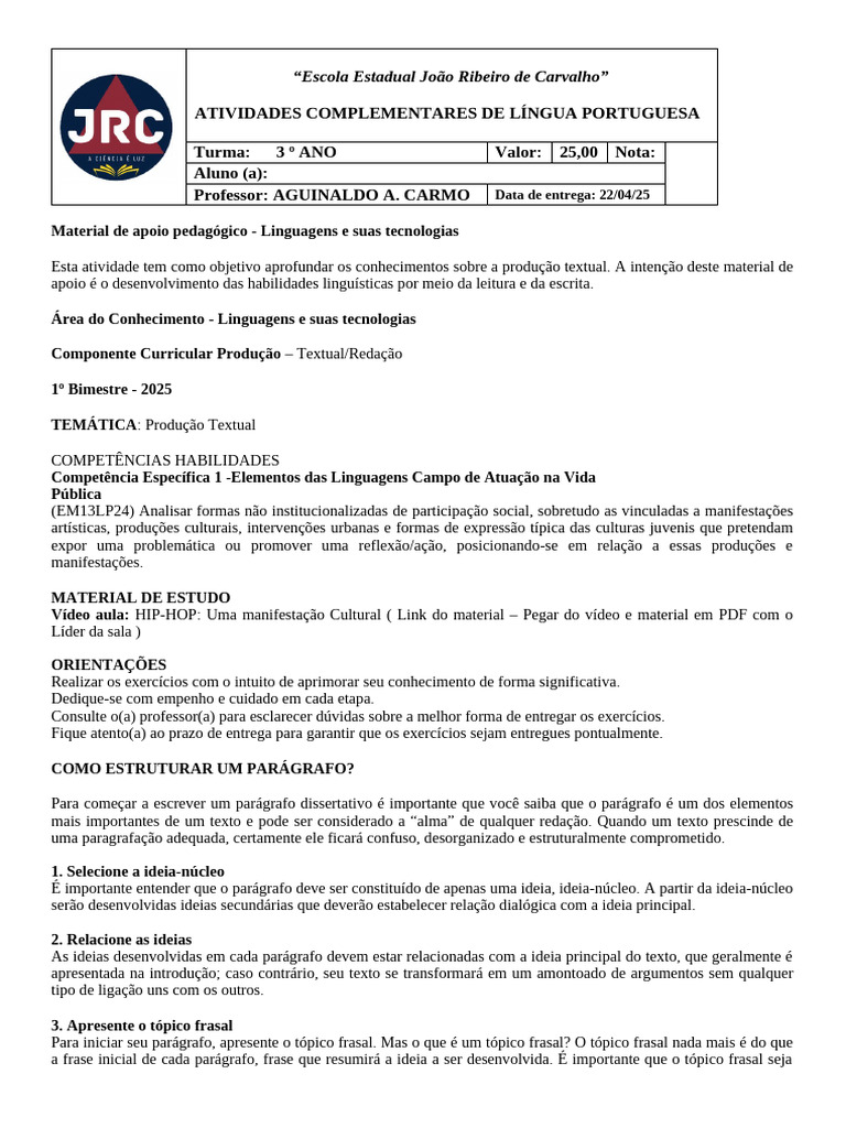 Trab. 3 Ano Complementar 1 Bimestre | PDF | Parágrafo | Música hip hop