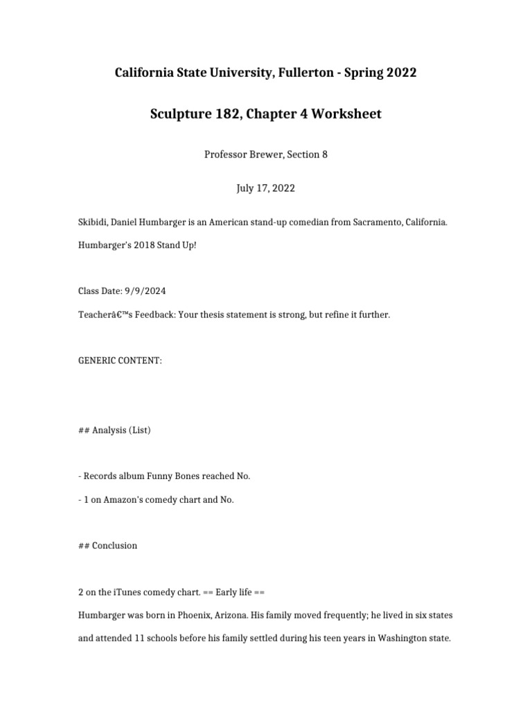 Sculpture 182 Chapter 4 Worksheet | PDF | Entertainment | Comedy