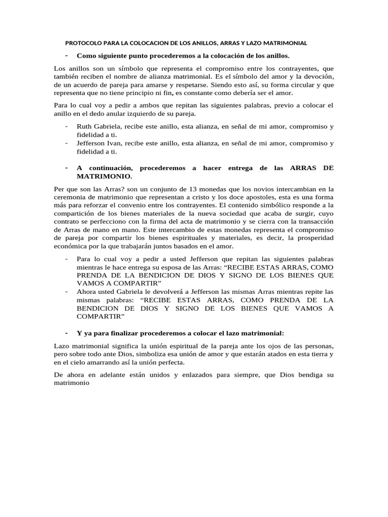 PROTOCOLO PARA LA COLOCACION DE LOS ANILLOS, ARRAS Y LAZO MATRIMONIAL | PDF | Matrimonio | Amor