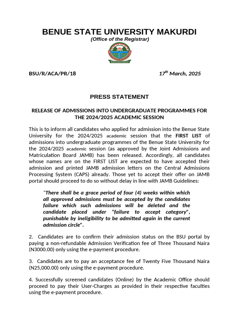 2024 - 2025 PRESS RELEASE OF ADMISSIONS INTO UNDERGRADUATE PROGRAMMEs-4 ...