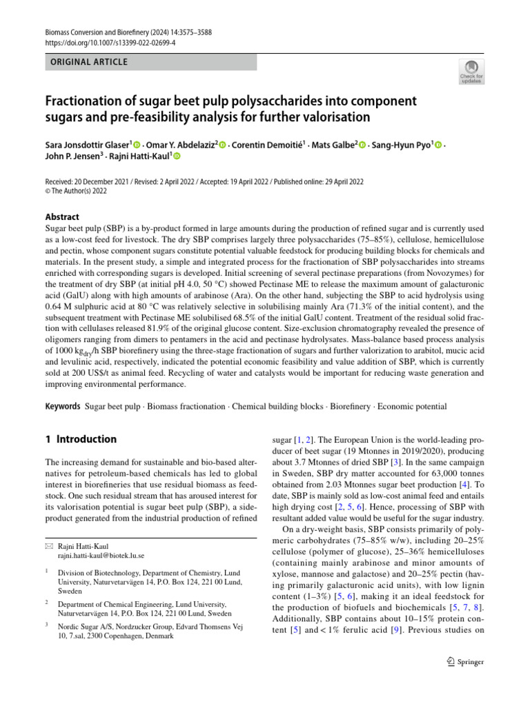 Fractionation of sugar beet pulp polysaccharides into component sugars ...