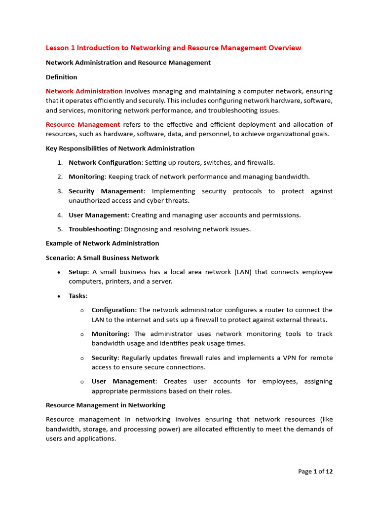 Lesson 1 Introduction To Networking and Resource Management Overview | PDF | Computer Network ...