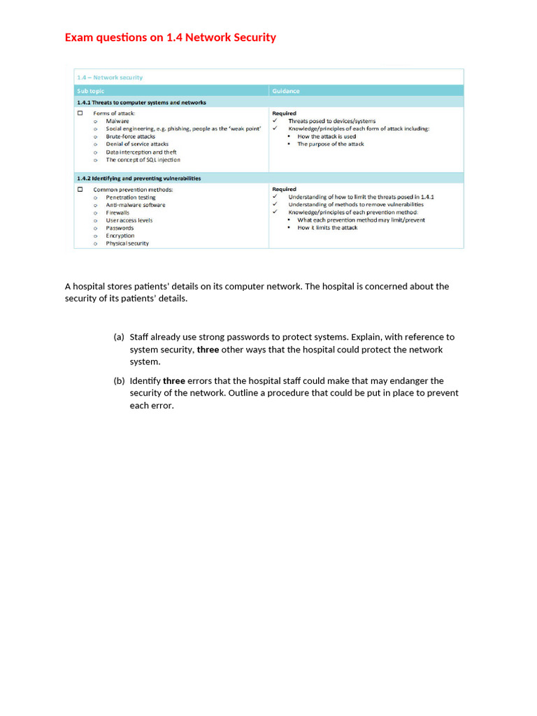 Exam Questions On 1.4 Network Security: Three Three | PDF