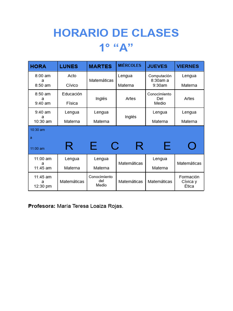 Horario de Clases 1° "A" | PDF