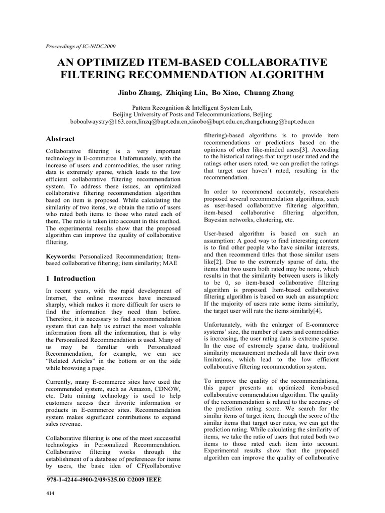 An Optimized Item Based Collaborative Filtering Recommendation Algorithm Pdf Computing