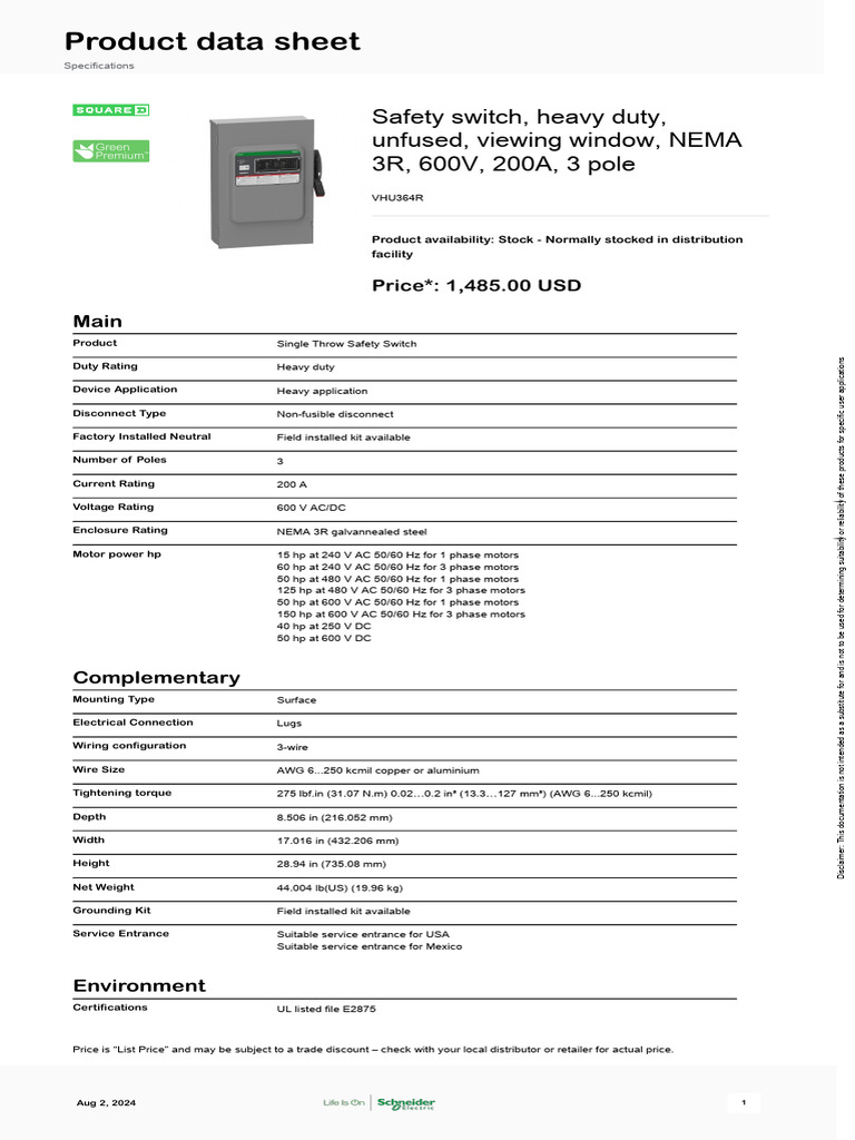 Schneider Electric - Heavy-Duty-Safety-Switches - VHU364R | PDF | Alternating Current ...