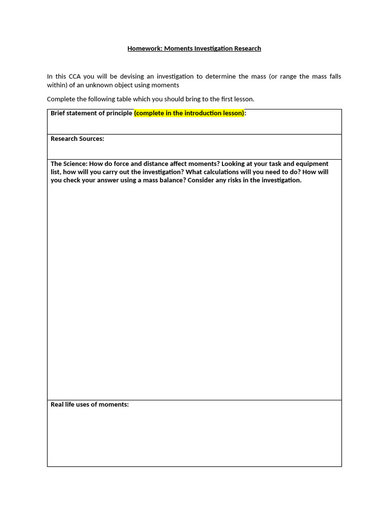 CCA Research Homework Moments | PDF