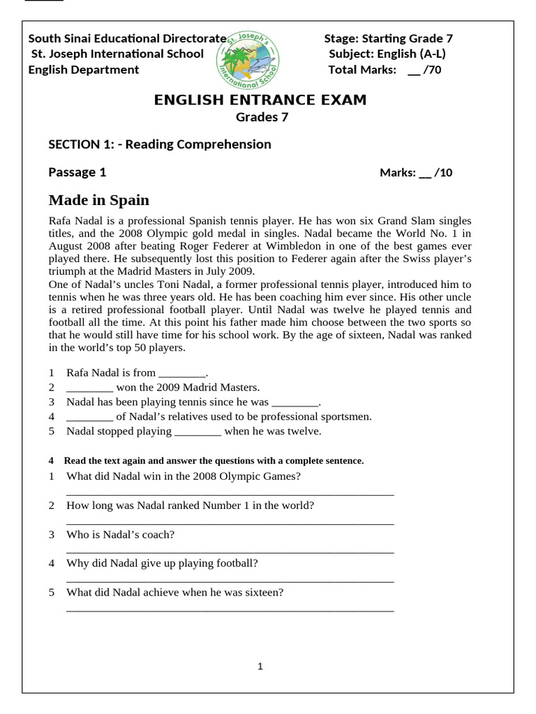 English Admission Test Grade 7 | PDF | Roger Federer
