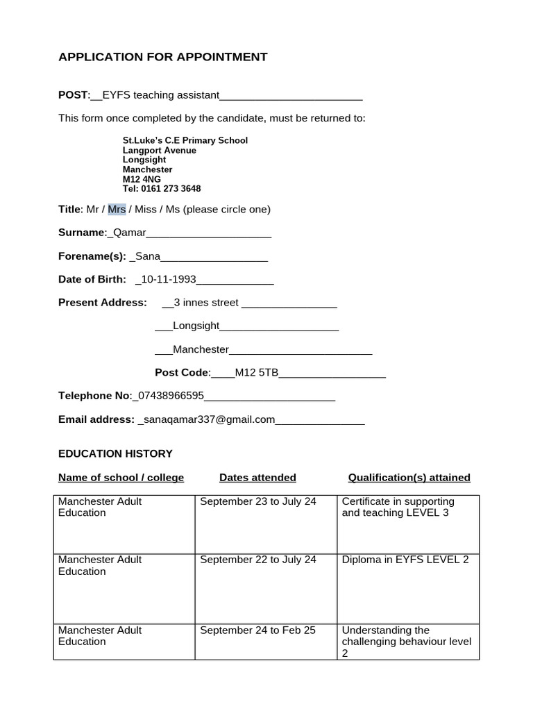 EYFS Teaching Assistant Application Form | PDF | Criminal Record