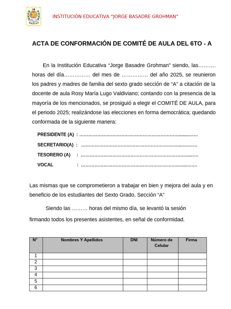 Acta de Conformación de Comité de Aula | PDF